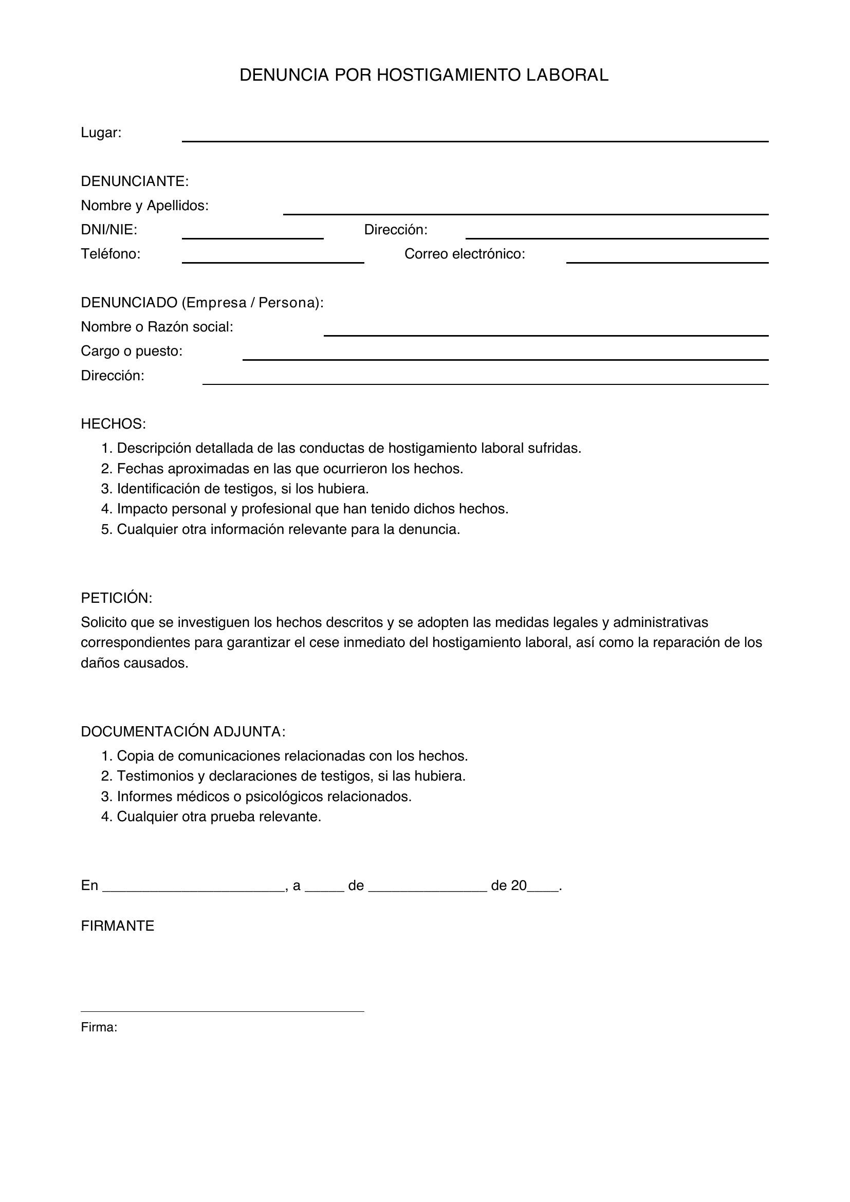 Modelo De Denuncia Por Hostigamiento Laboral